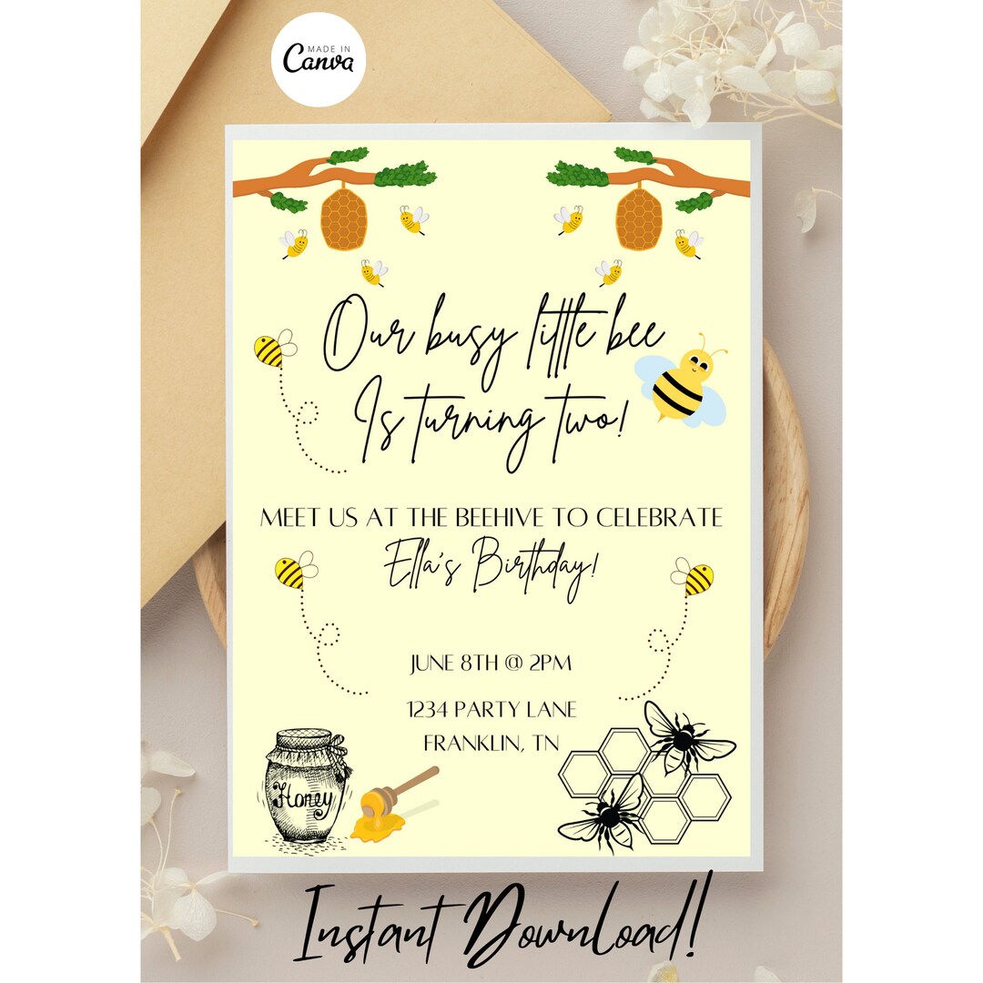 Editable Busy Little Bee Birthday Invitation Template, Digital Download ...