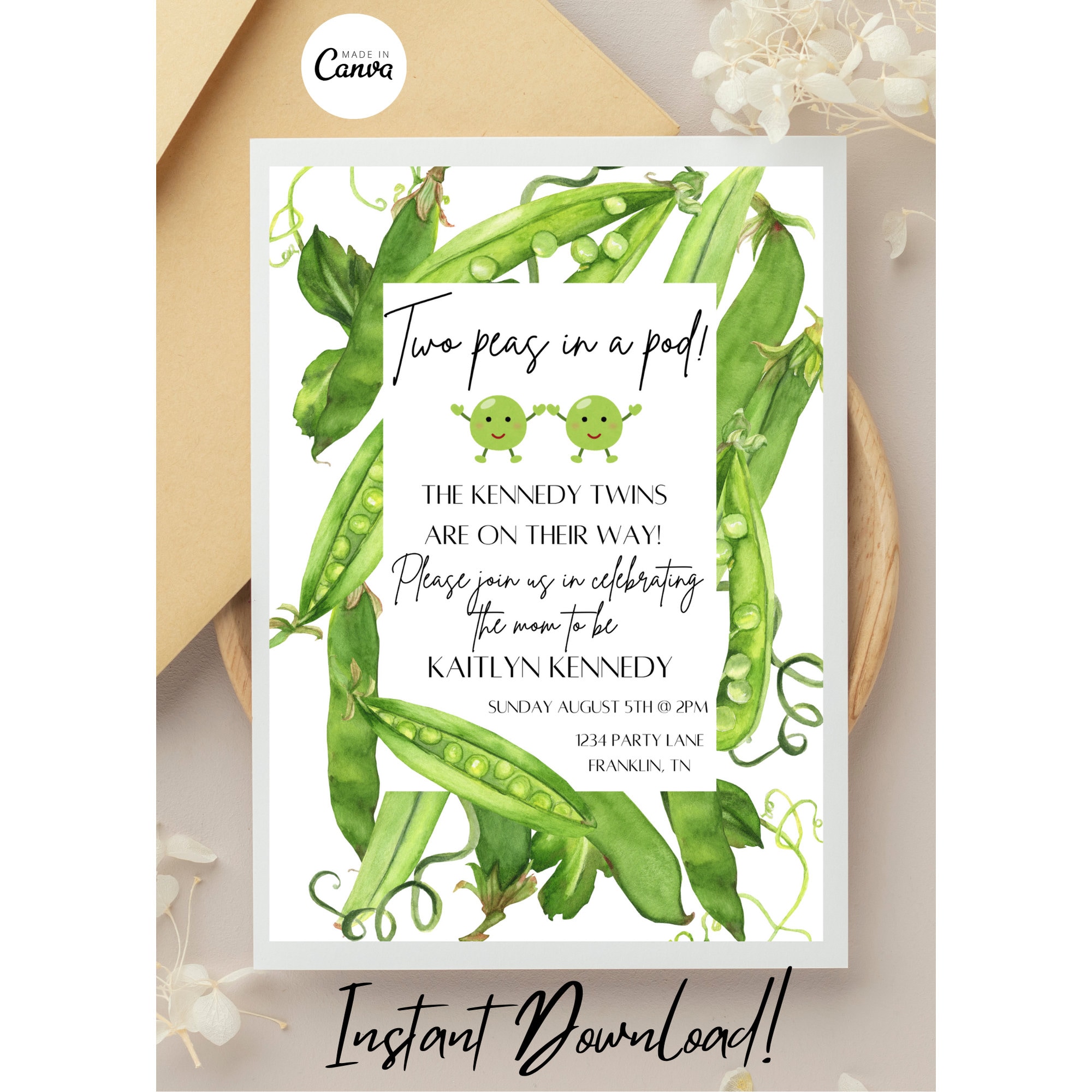 Editable Two Peas in A Pod Baby Shower Invitation Template, Twin Baby ...