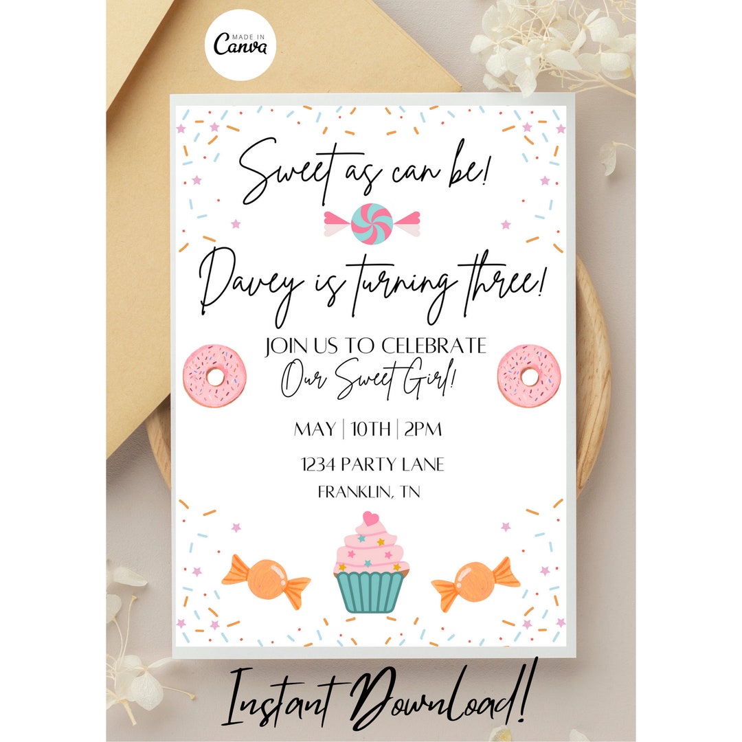 Editable Sweet as Can Be Birthday Party Invitation Template, Digital ...