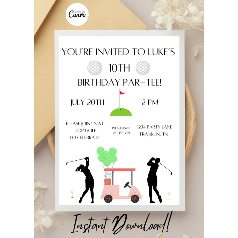 Editable Golf Birthday Party Invitation Template, Golf Themed Birthday ...