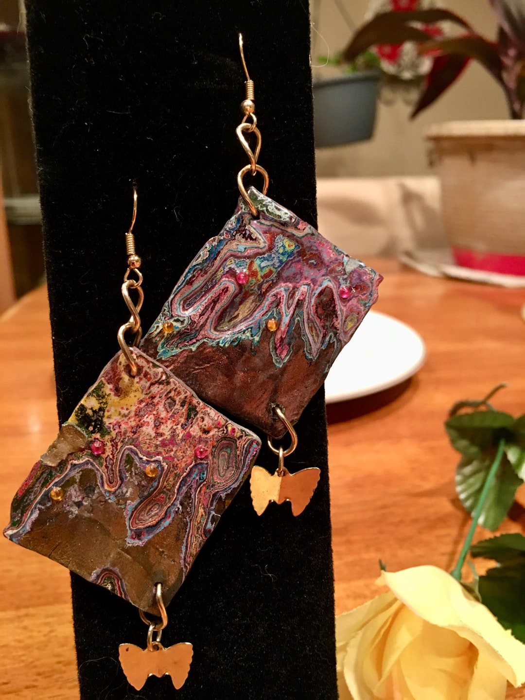 Rare Exquisite Cadillac Ranch Fordite Chain Dangle Earrings 1 Side ...