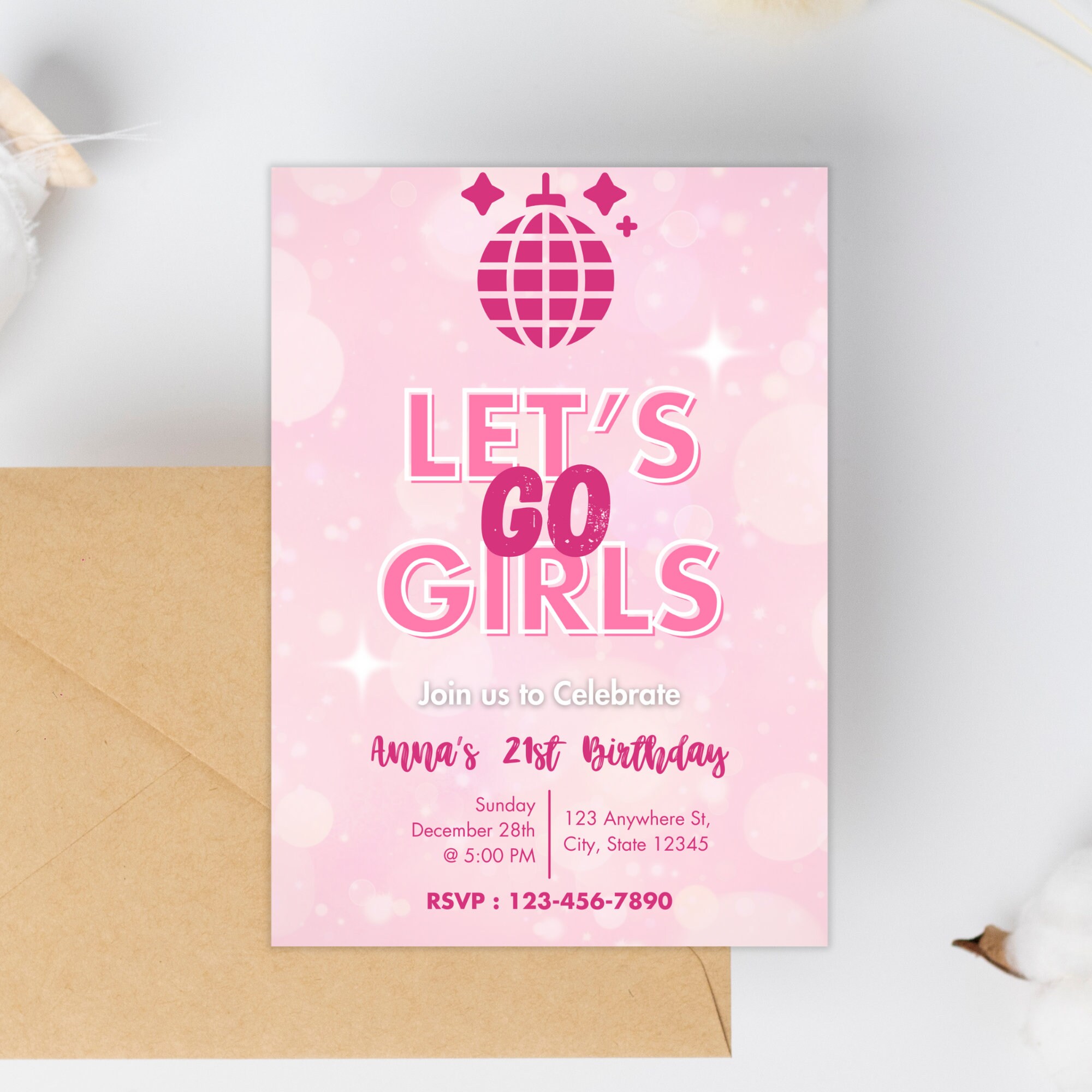 Pink 'let's Go Girls' Party Invitation - Glamorous and Groovy ...