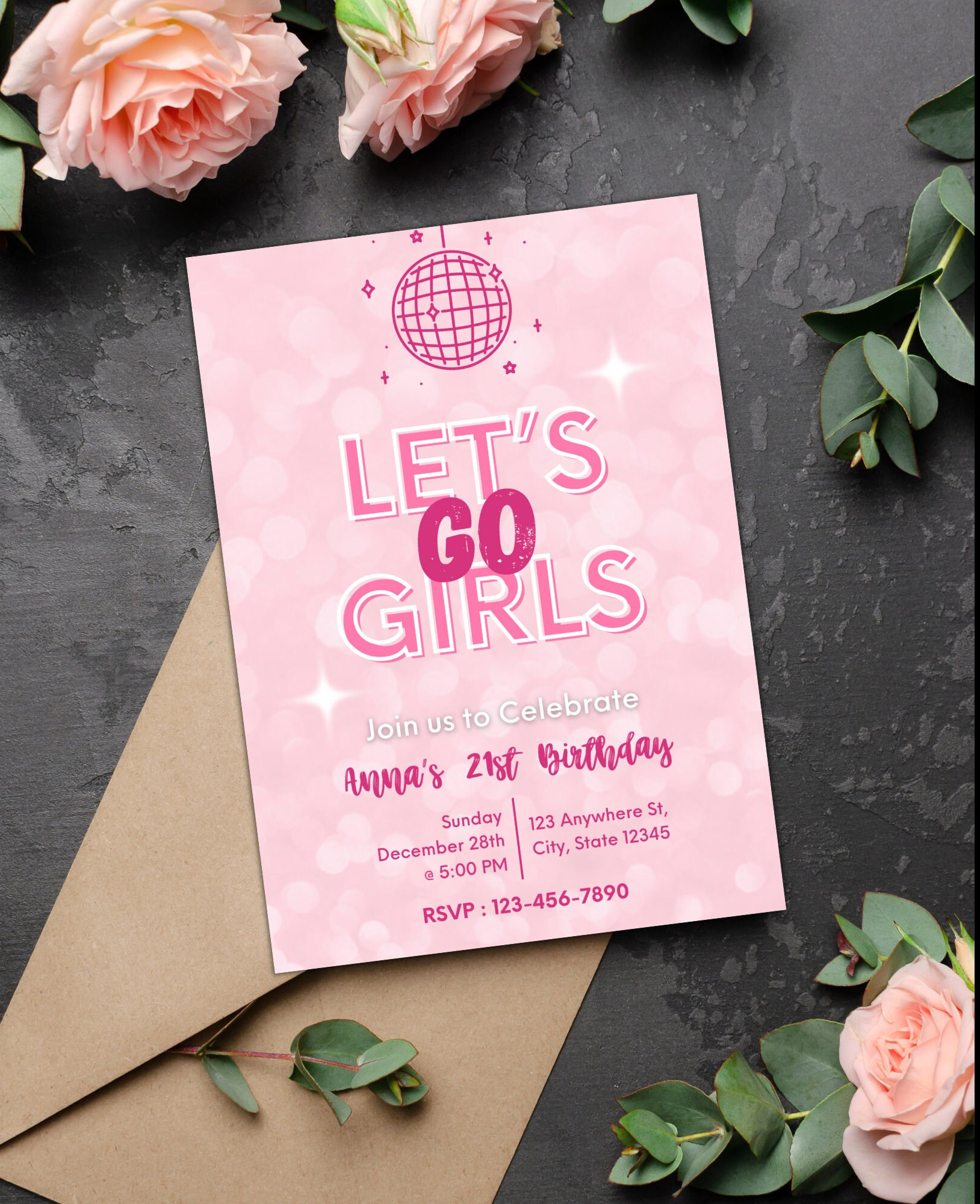 Pink 'let's Go Girls' Party Invitation Glamorous and Groovy Editable ...