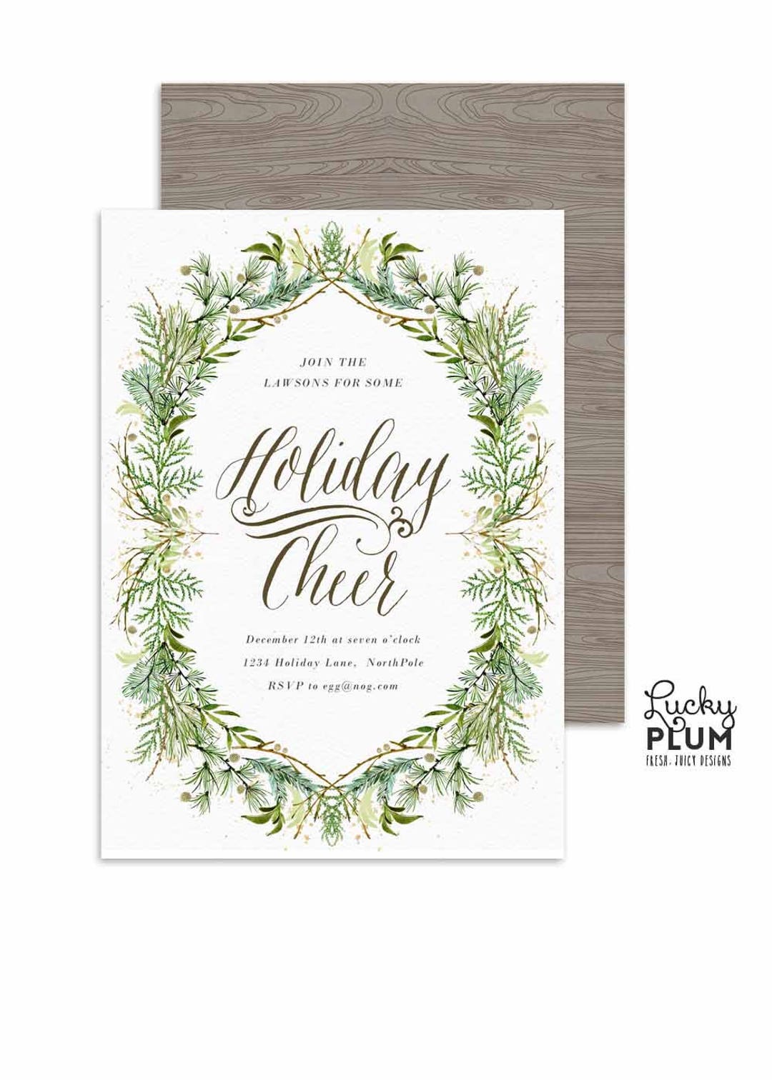Greenery Holiday Party Invitation / Green Evergreen Christmas Cocktail ...