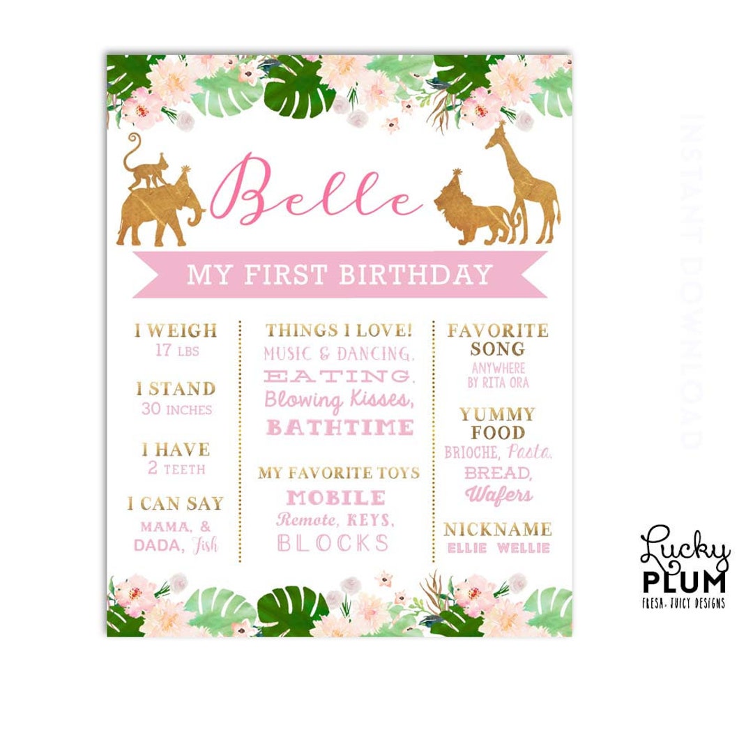 Girl Safari Birthday Board / Pink Floral Jungle Milestone Board / Gold ...