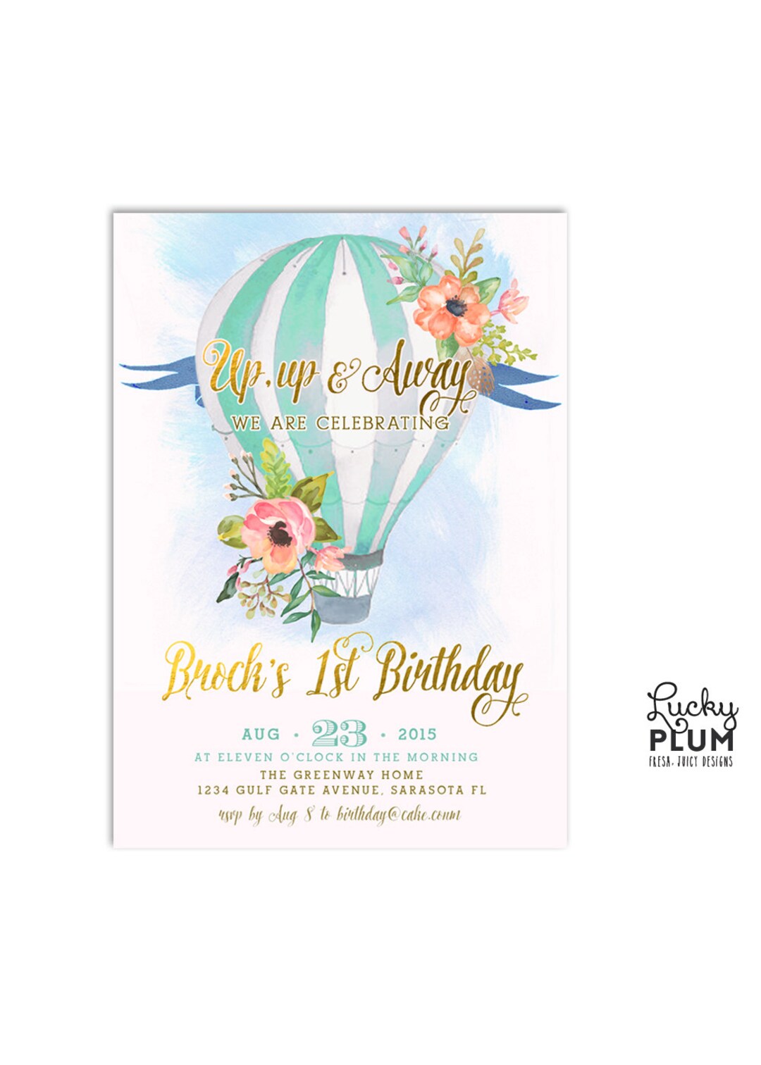 Hot Air Balloon Birthday Invitation / Watercolor Invite / Mint Green ...