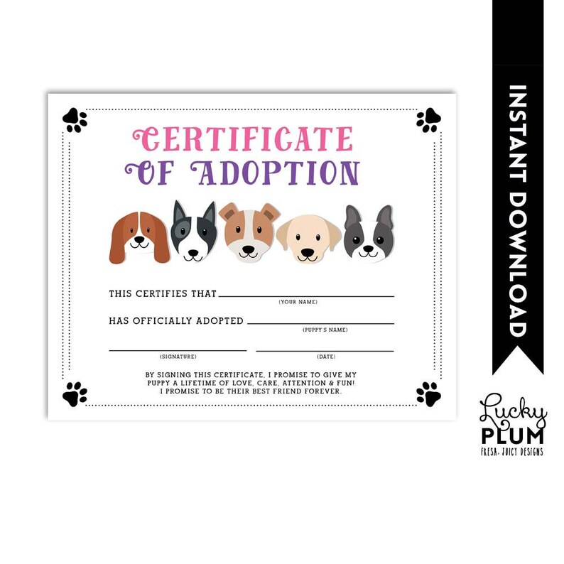 Dog Adoption Certificate / Puppy Adoption Certificate / Doggie | Etsy