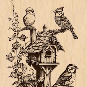 Birdhouse Laser Engraving File, Birds & Floral Nature Scene PNG, Garden ...