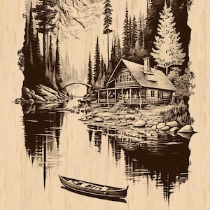 Laser Engraved Mountain Cabin and Canoe Scene (digital Download) - Etsy