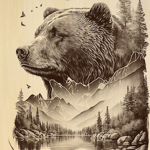 Grizzly Bear Mountain Scene Laser Engraving, Wildlife Nature Art ...