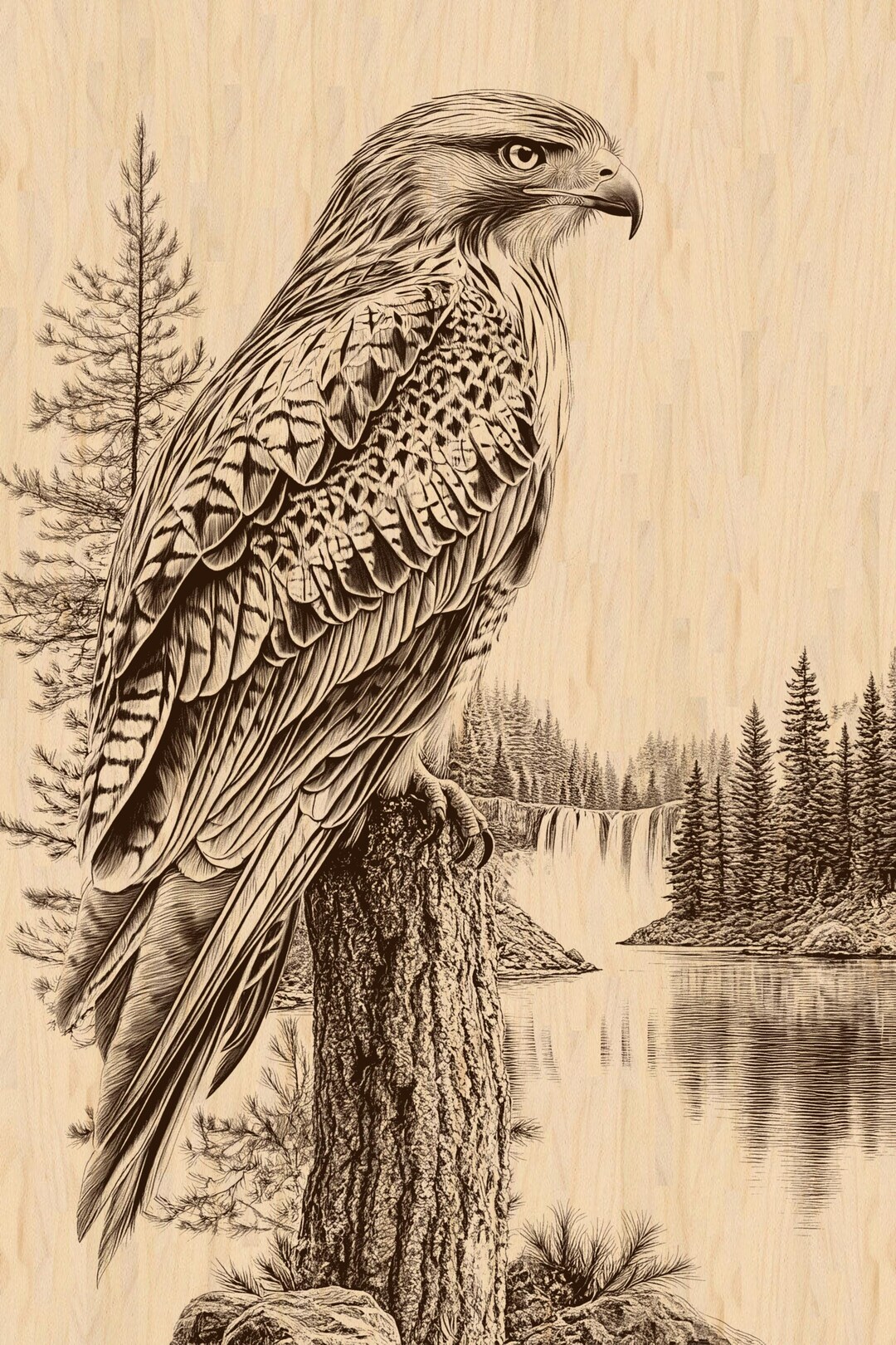 Hawk Laser Engraving File, Wildlife Forest Scene With Waterfall, Ready ...