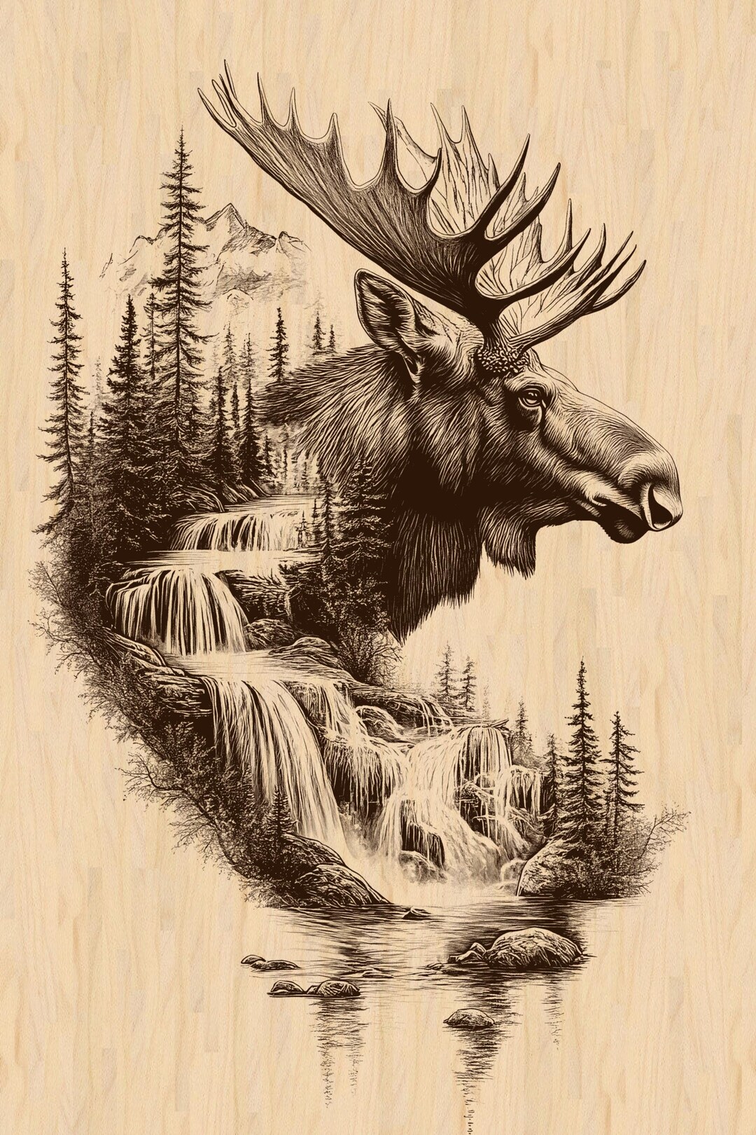 Moose and Waterfall Laser Engraving File, Ready to Engrave PNG & JPEG, Woodland Wildlife Design ...