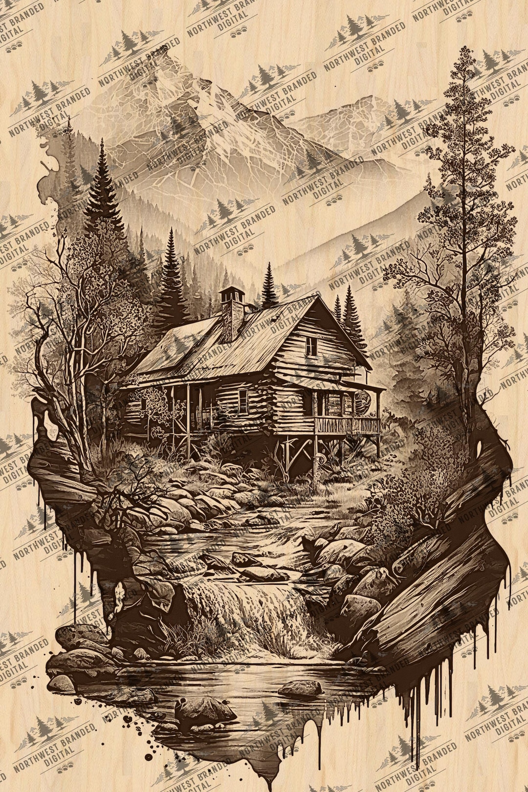 Cabin Laser Engraving Design: Rustic Mountain Landscape (digital ...