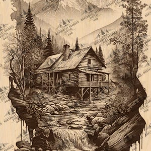 Cabin Laser Engraving Design: Rustic Mountain Landscape (digital ...