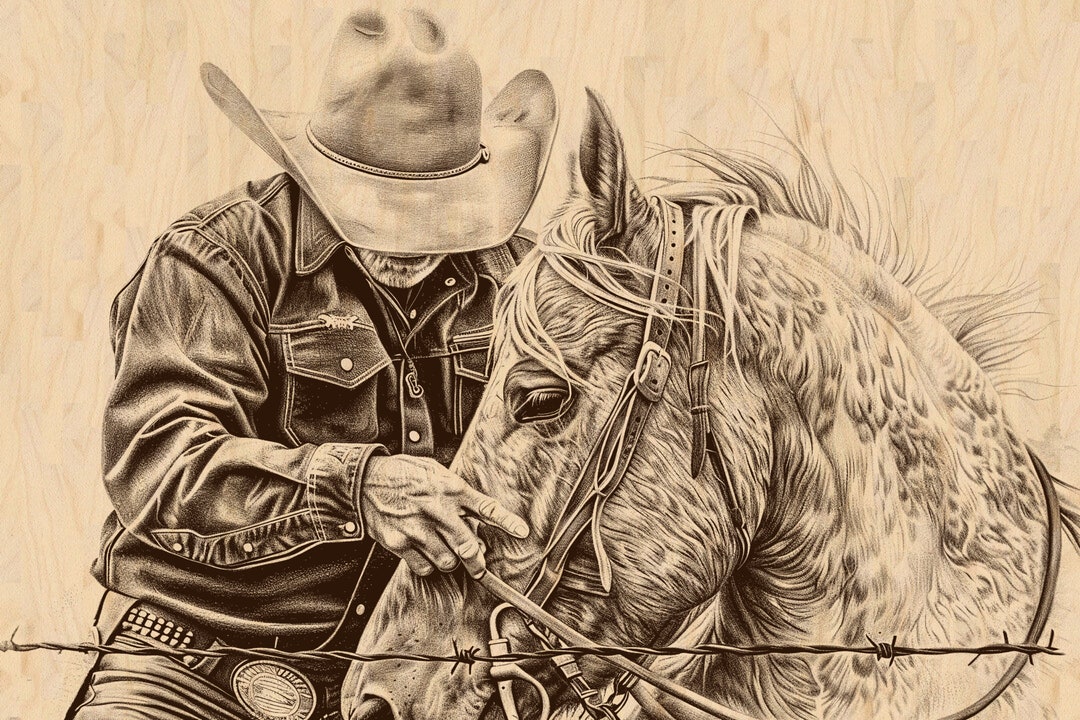 Cowboy and Horse Laser Engraving, Western Ranch Life Art, Rustic Cowboy ...