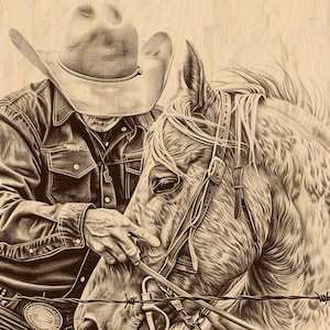 Cowboy and Horse Laser Engraving, Western Ranch Life Art, Rustic Cowboy ...