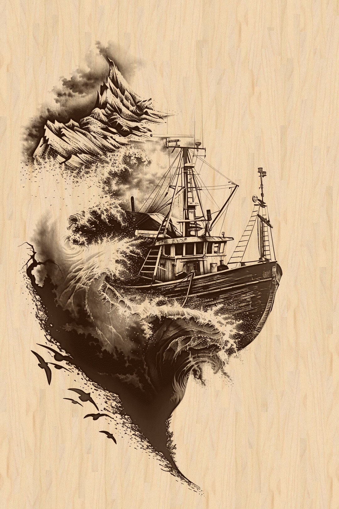 Laser Engraved Ocean Mountain Scene: Nautical Wall Art (digital ...