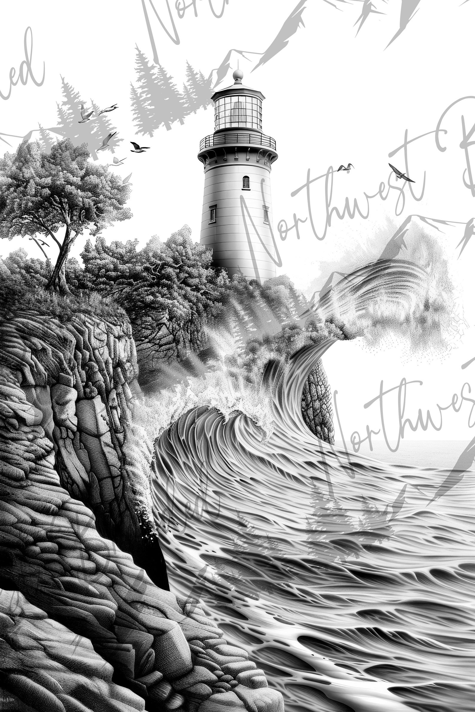 Lighthouse Laser Engraving File: Nautical Ocean Wave Scene (PNG & JPEG ...