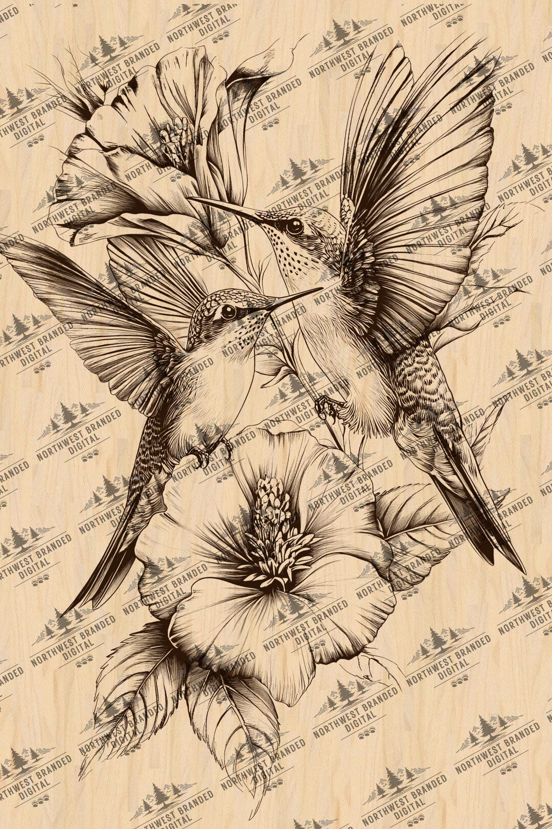 Hummingbirds Laser Engraving File, Floral Design With Birds, PNG & JPEG ...