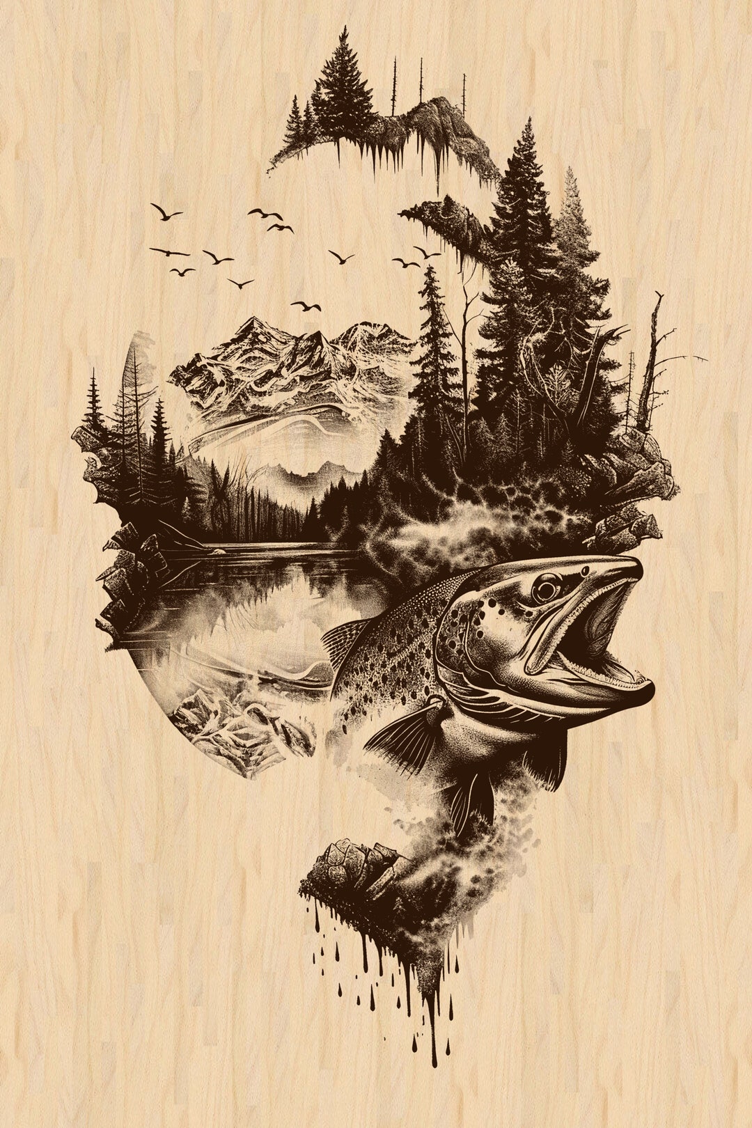 Laser Burn PNG Fishing Trout Fish Engrave Laser Ready Digital Design ...
