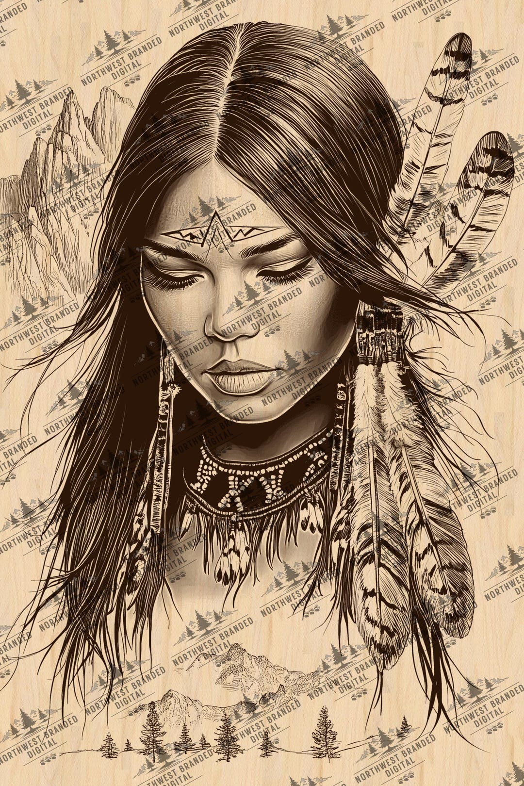 Native Woman Portrait Laser Engraving File: Tribal Feathers, Mountain ...