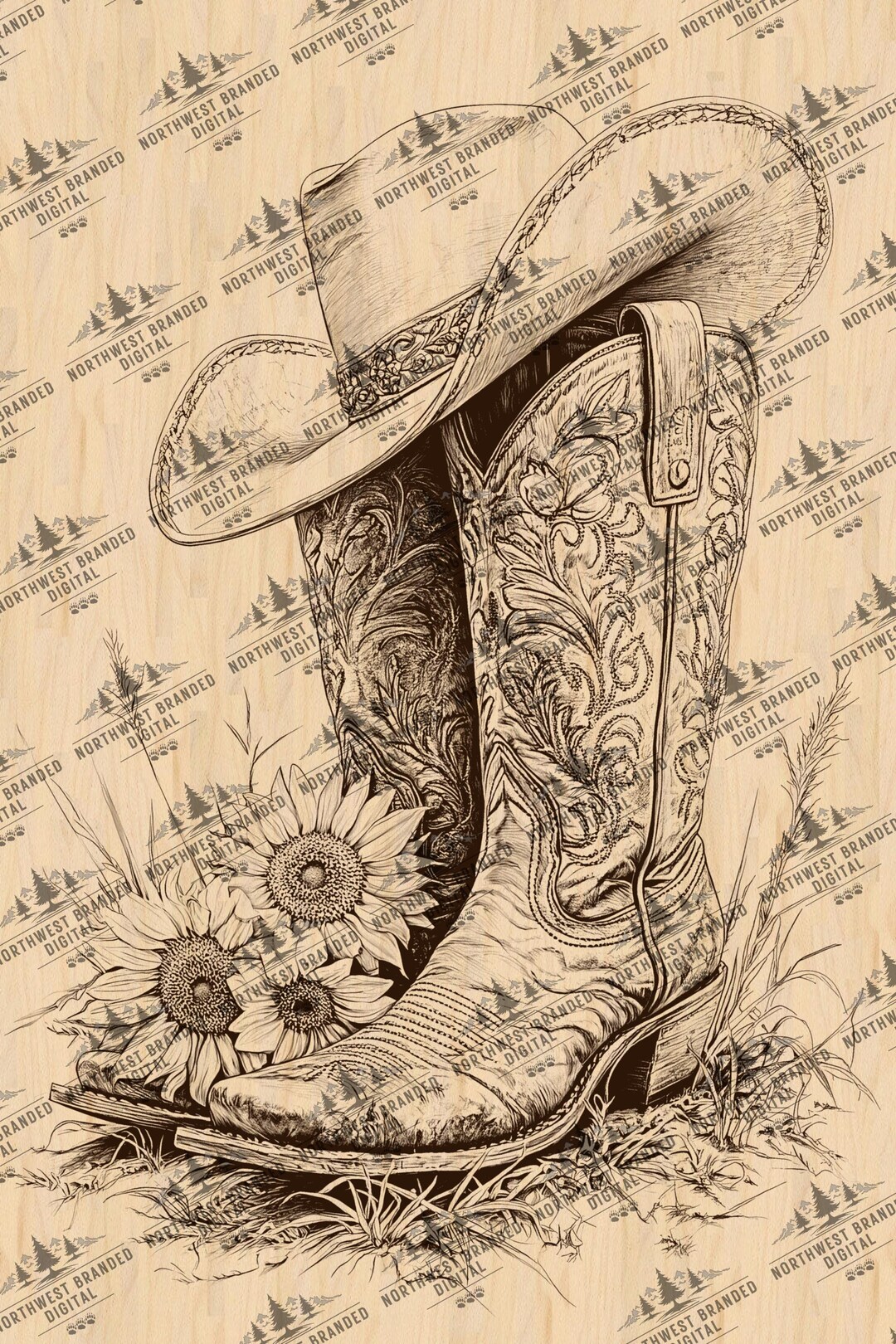 Cowgirl Boots & Hat Laser Engraving File: Western Sunflower Design ...