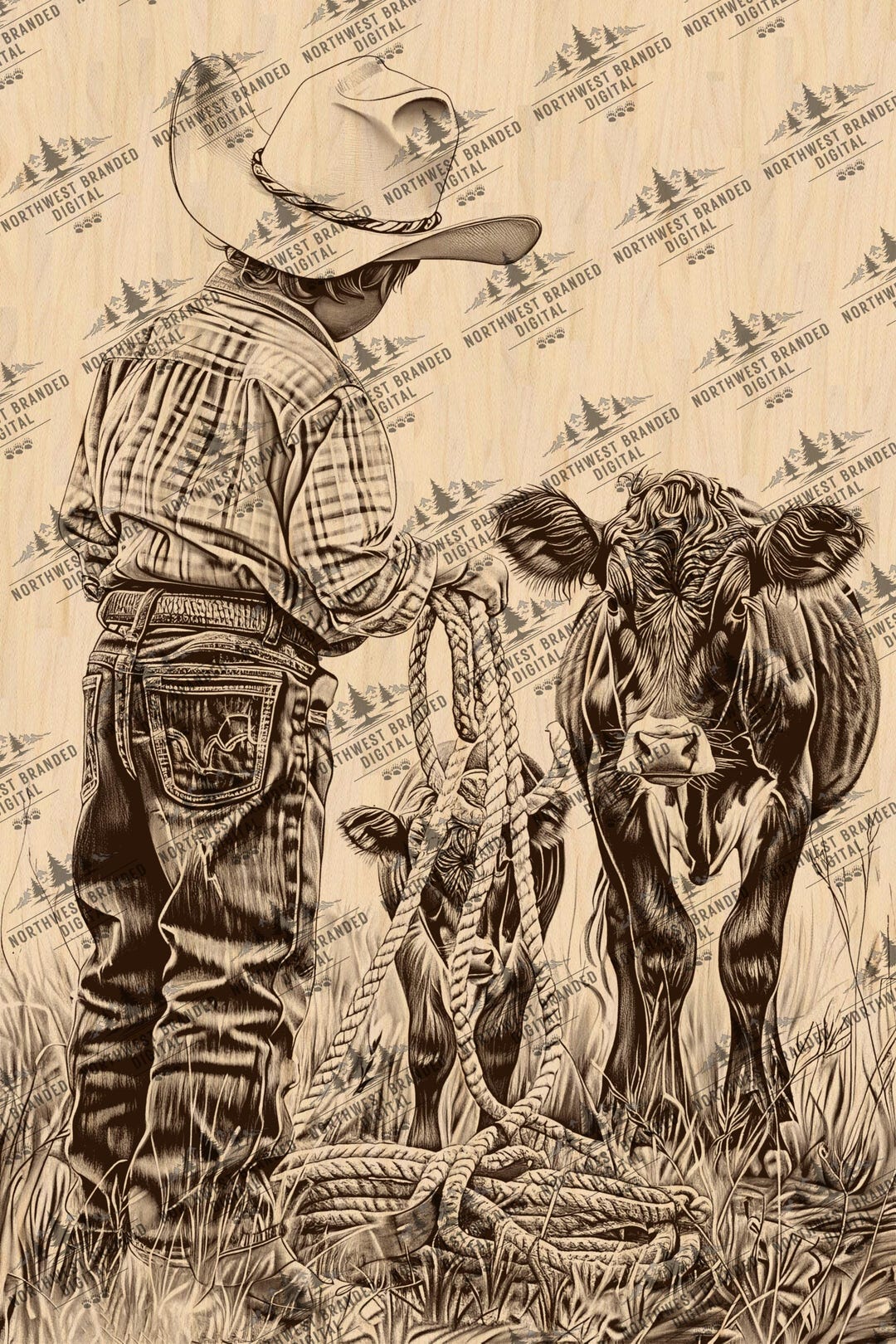 Cowboy & Calves Laser Engraving: Western Farm Art (digital Download) - Etsy