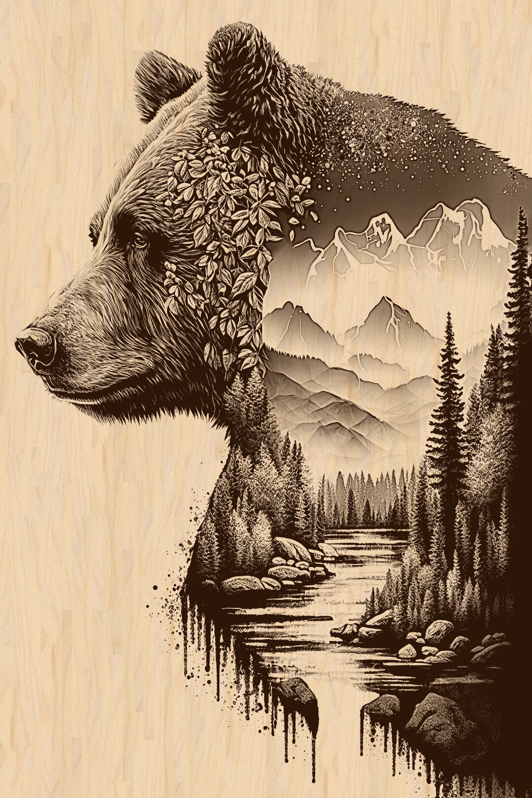 Grizzly Bear Laser Engraving Wilderness Scene Nature Art, Detailed Bear ...