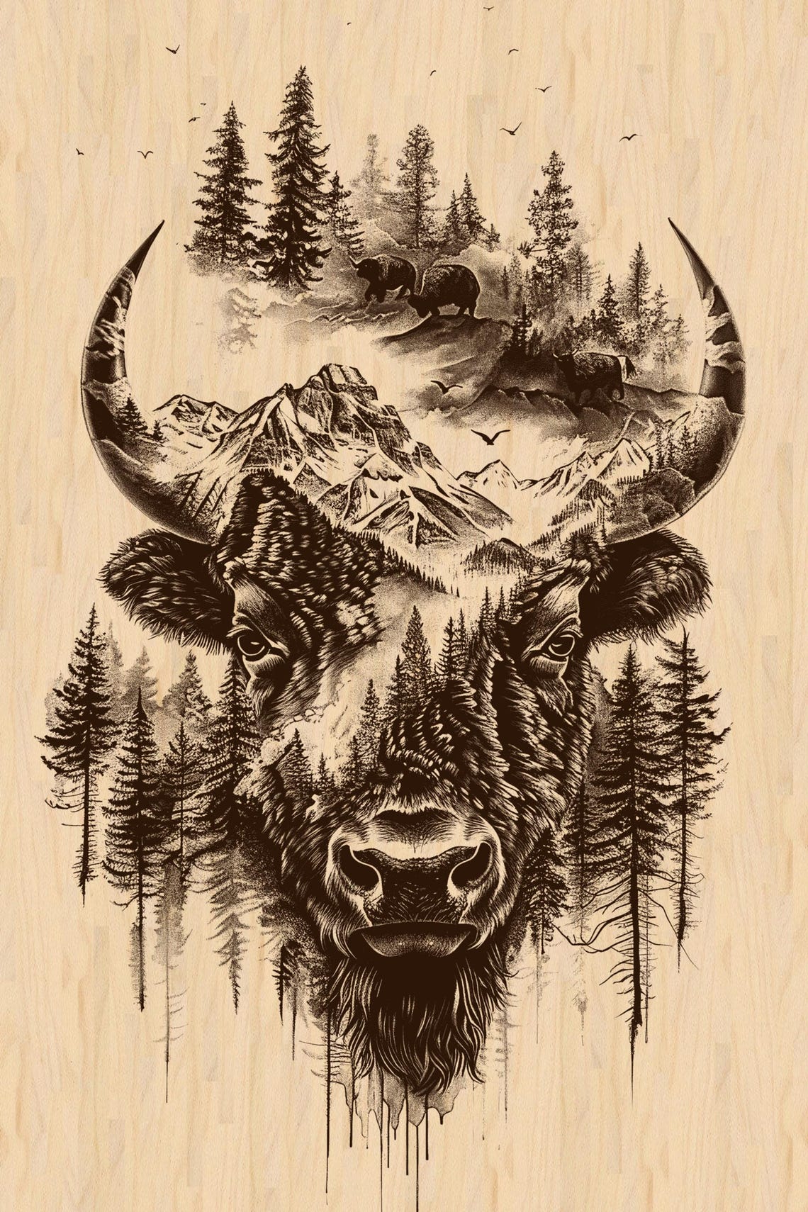 Bison Laser Engraving File, Mountain Wildlife Double Exposure PNG ...