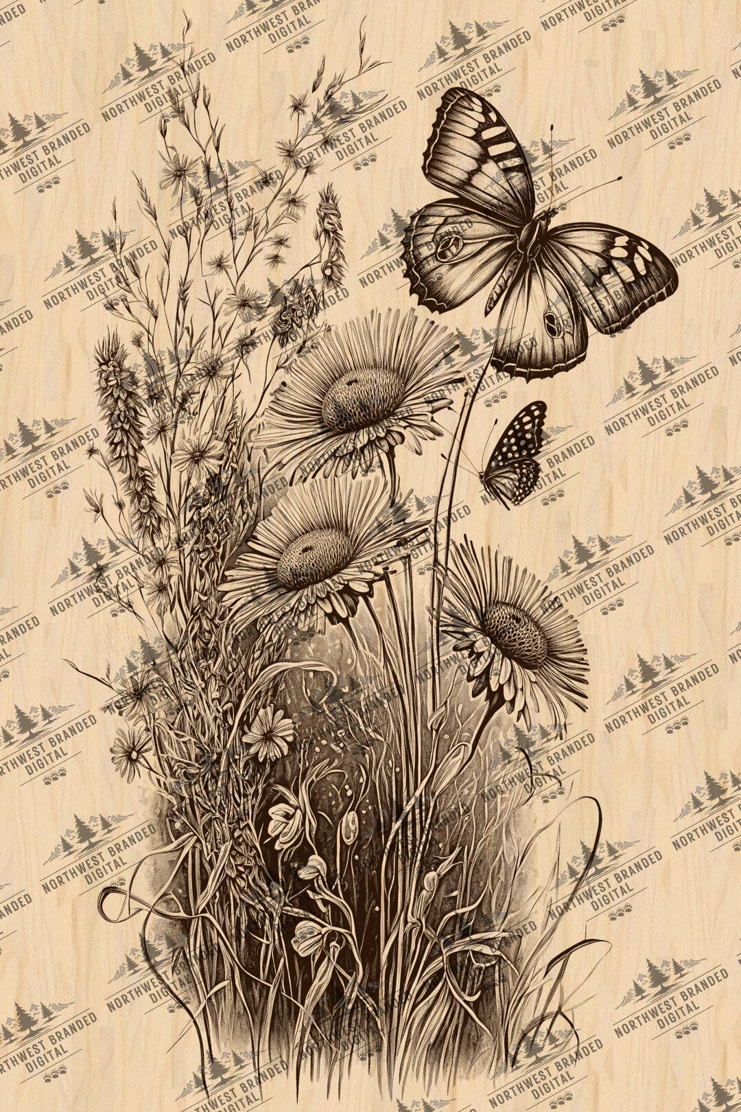 Butterfly Wildflower Laser Engraving: Floral Nature Art (digital ...