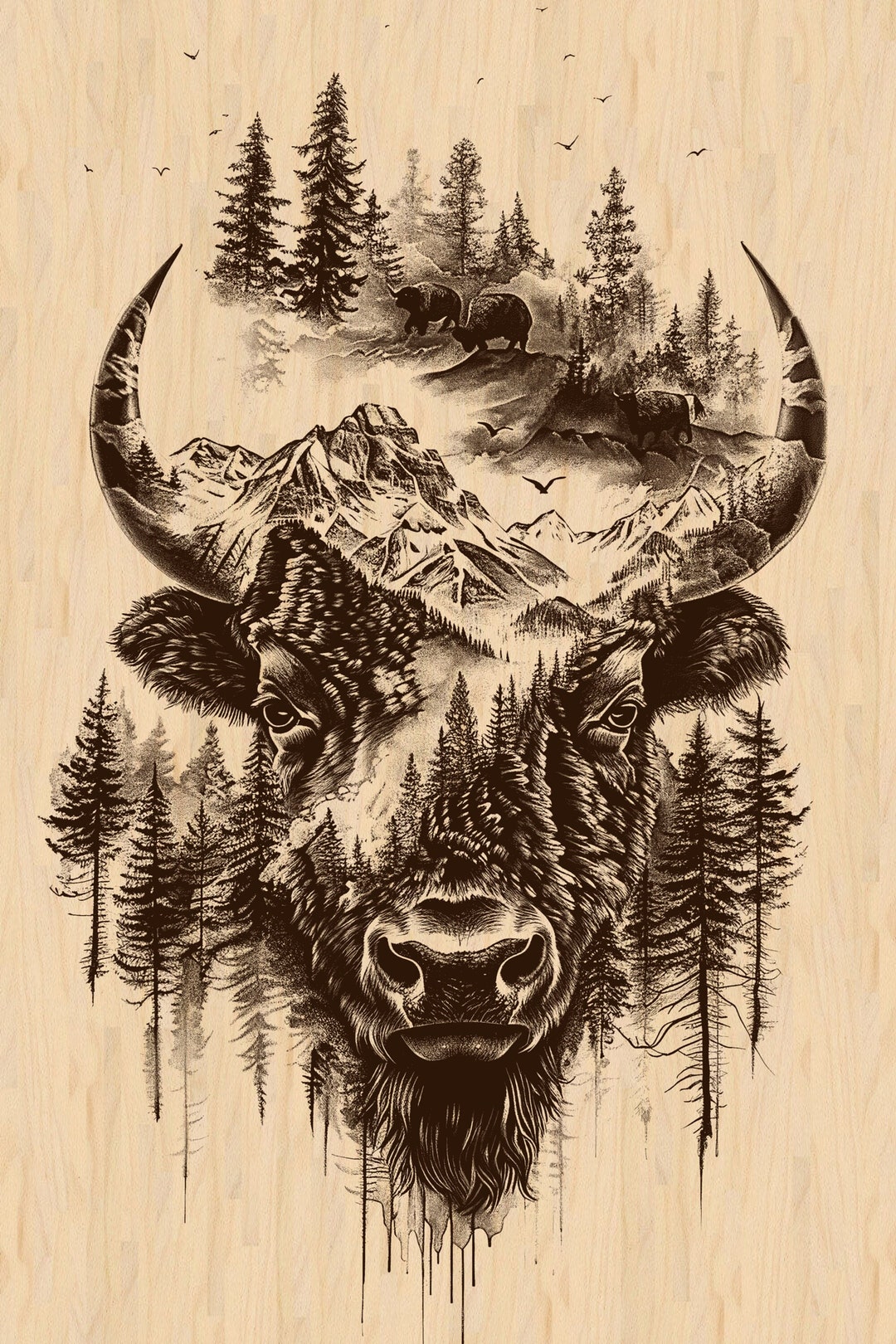 Bison and Mountain Scene Laser Engraving, Nature Wildlife Art, Detailed ...
