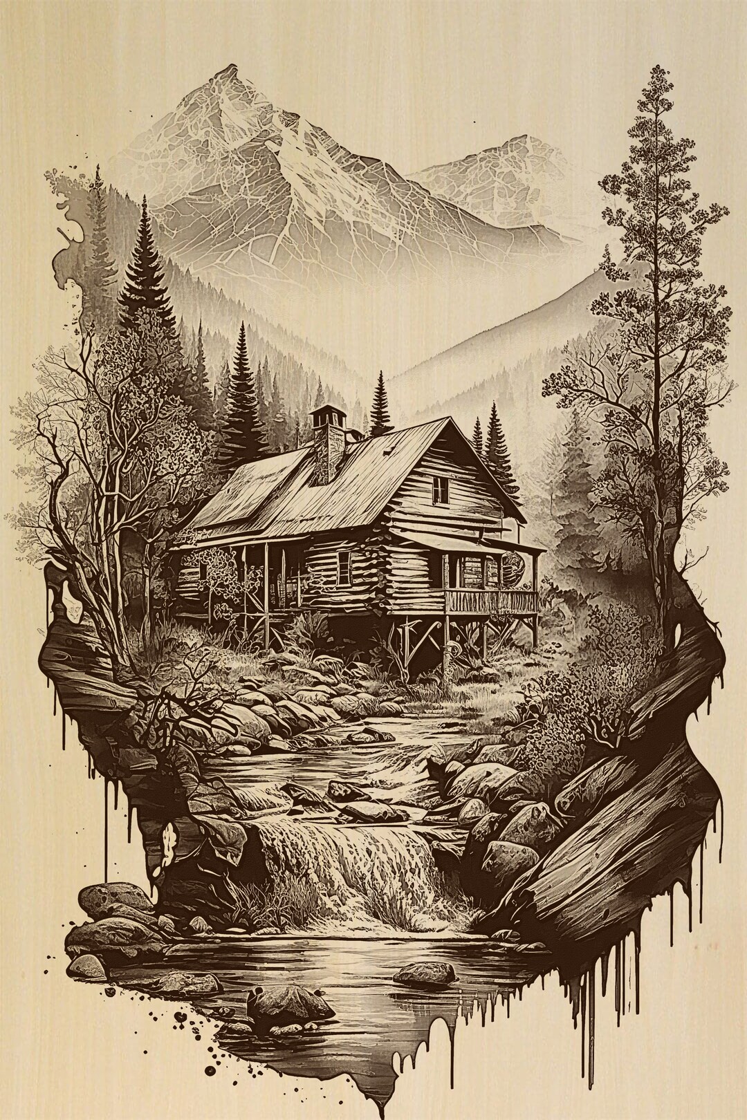Cabin Laser Engraving Design, Rustic Cabin by Stream With Mountain ...