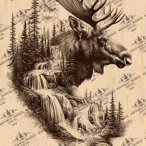 Moose and Waterfall Laser Engraving File: Rustic Wildlife Art (digital ...