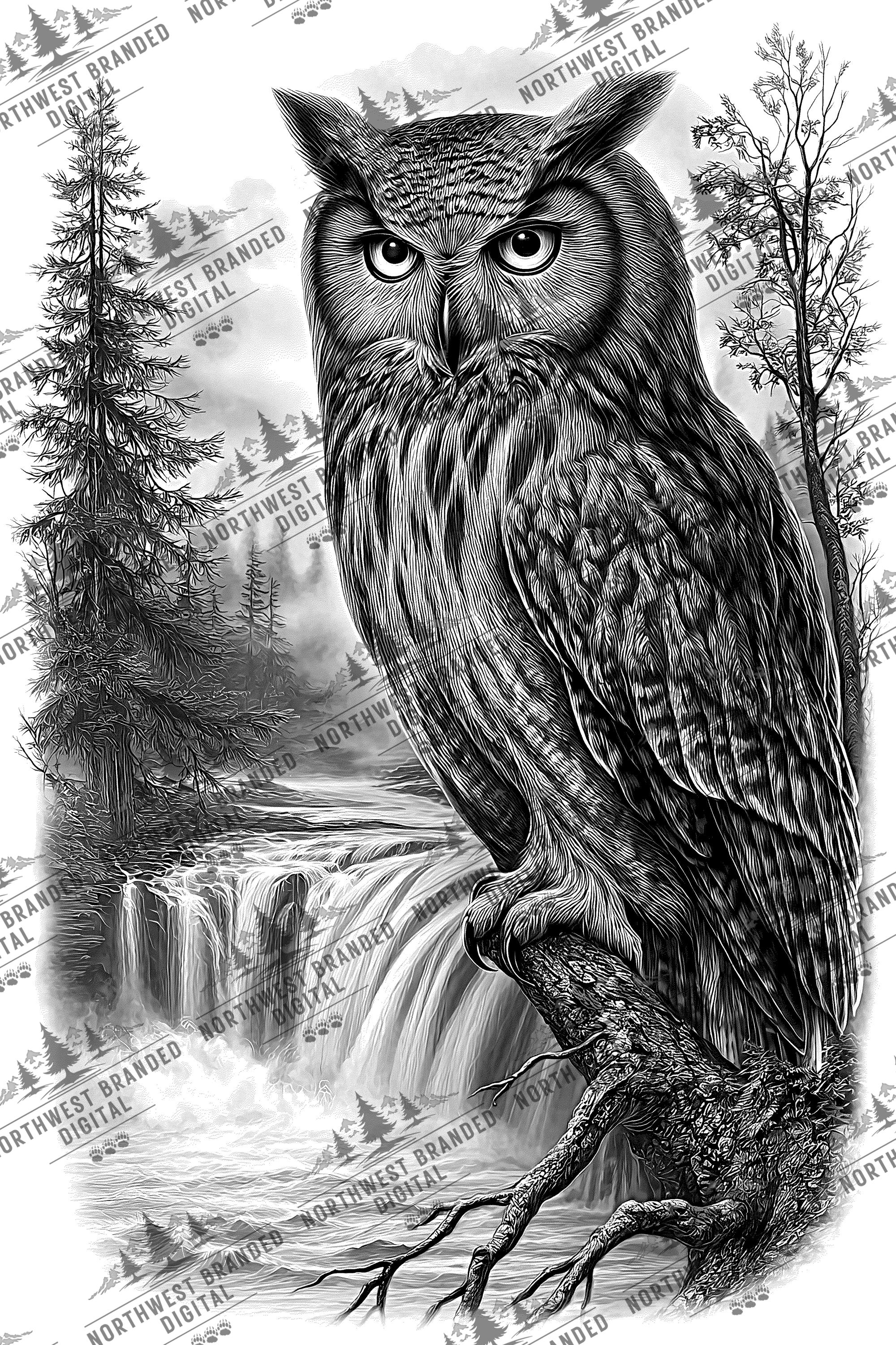 Owl Laser Engraving File, Realistic Owl With Waterfall, PNG & BMP ...