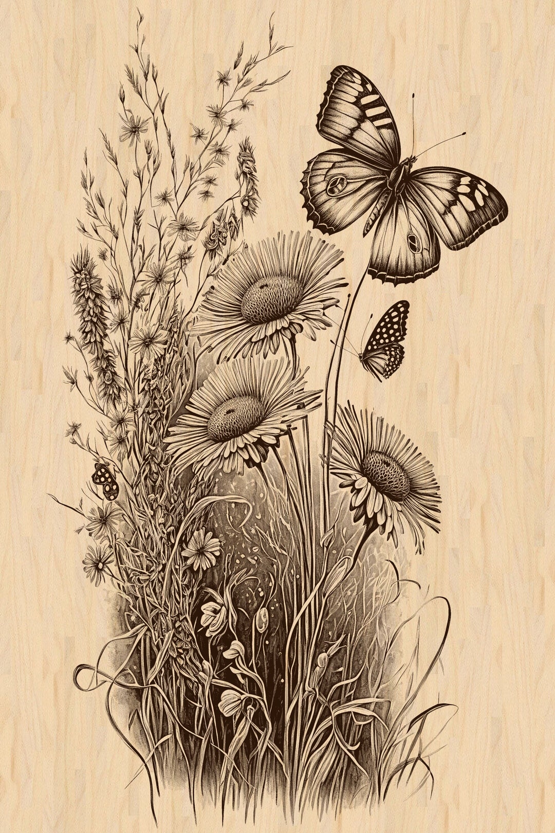 Butterfly and Wildflowers Laser Engraving, Nature Art, Detailed Floral ...