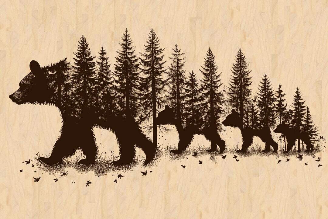 Bear Family Silhouette Laser Engraving, Woodland Bears With Forest ...