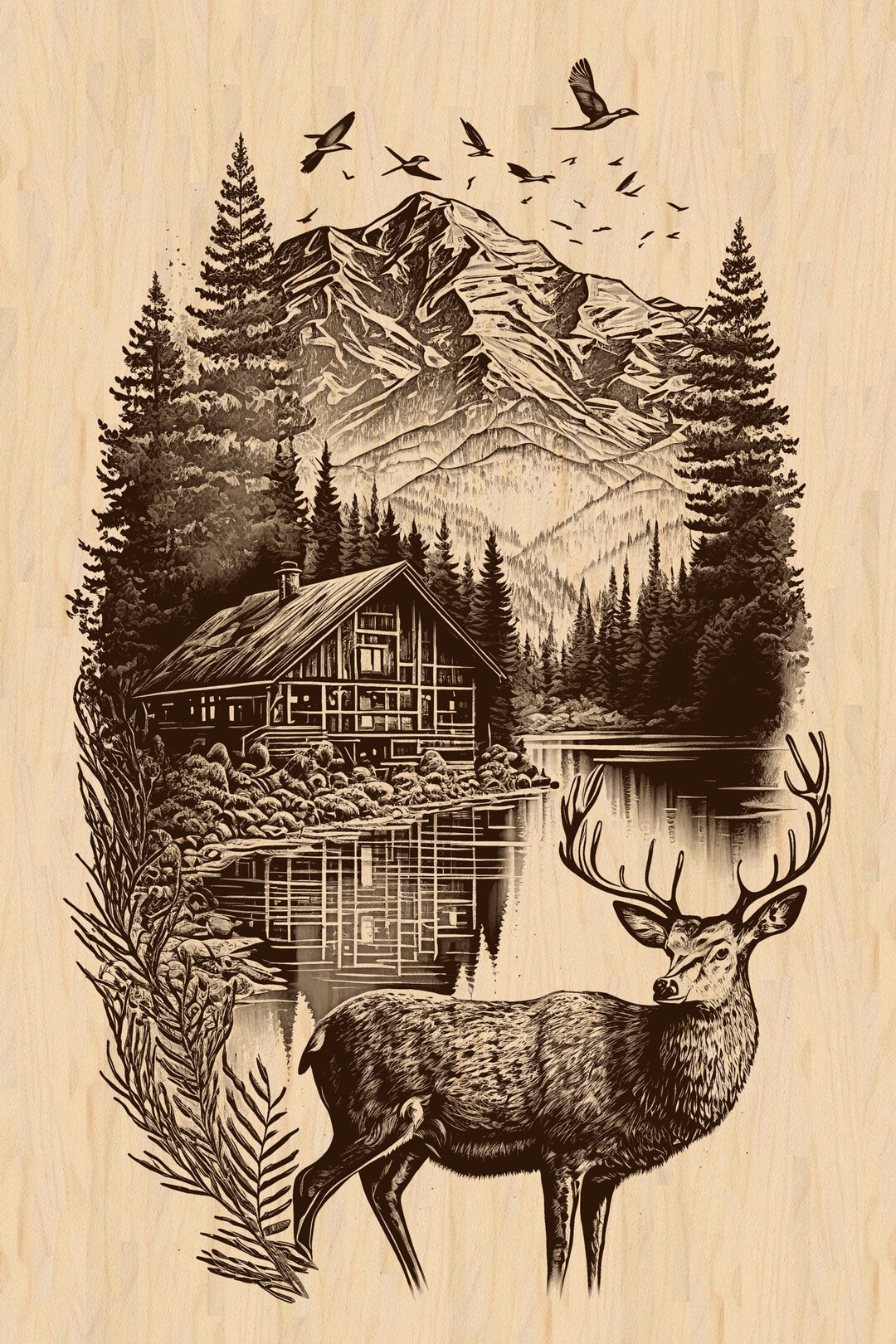 Deer Laser Engrave File: Cabin Mountain Art (digital Download) - Etsy