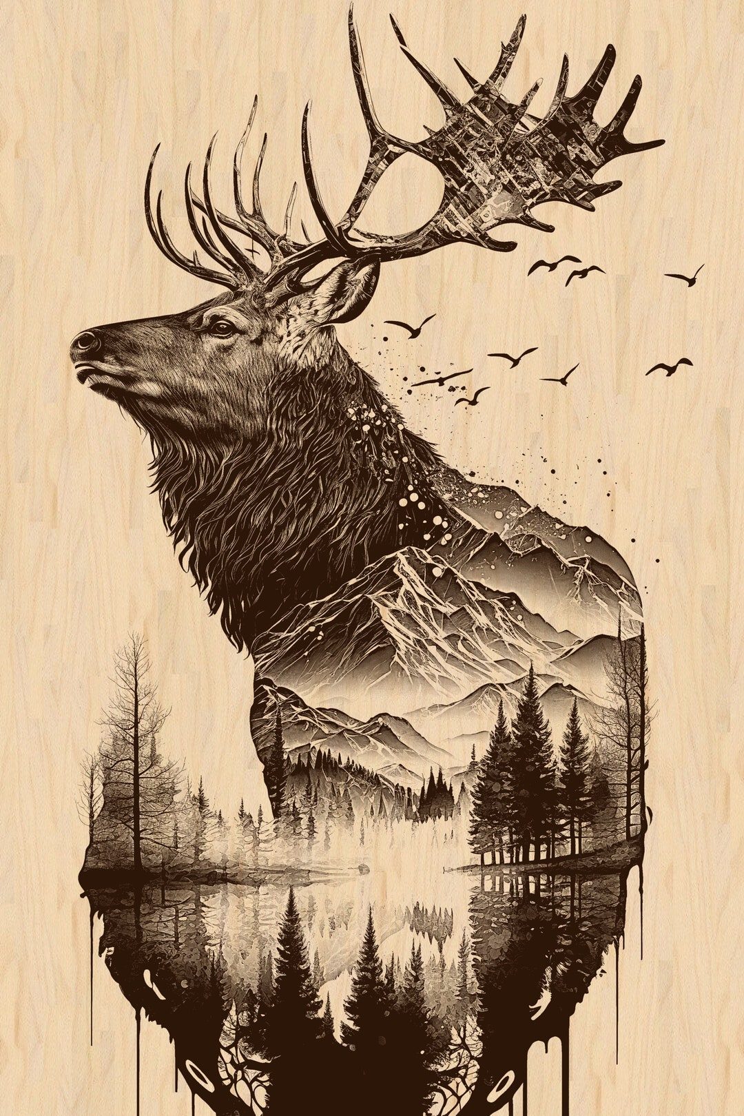 Elk Laser Engrave File: Wildlife Mountain Scene (PNG, JPG) - Etsy