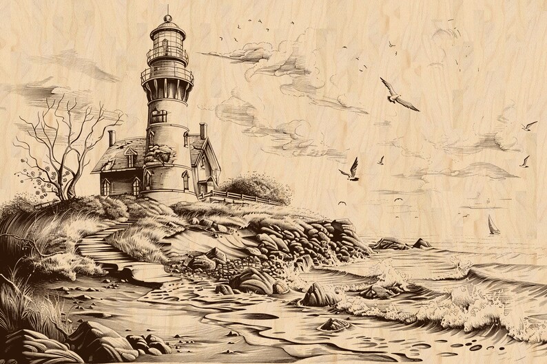 Lighthouse Laser Engraving Design: Coastal Nautical Scene (digital ...