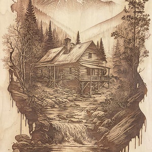 Cabin Laser Engraving Design: Rustic Mountain Landscape (digital ...