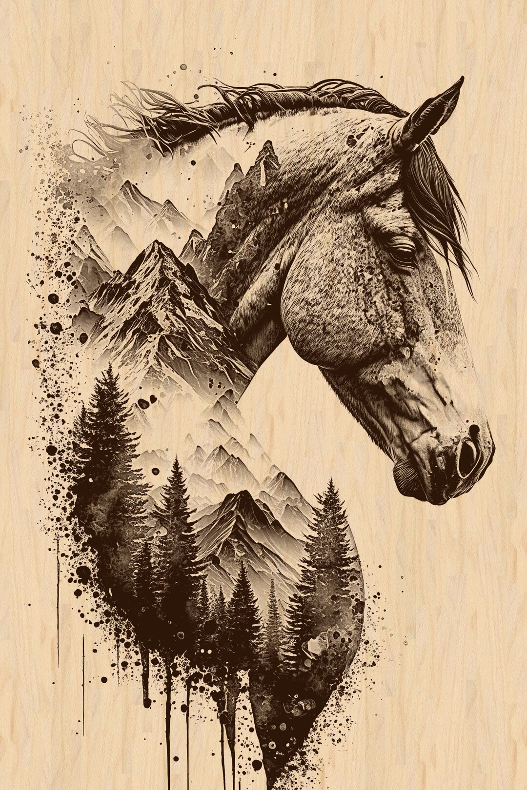 Horse and Mountain Laser Engraving, Nature Wildlife Art, Detailed Horse ...