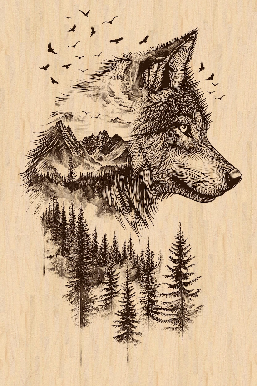 Wolf Laser Engraving File, Double Exposure Forest and Mountain Scene ...