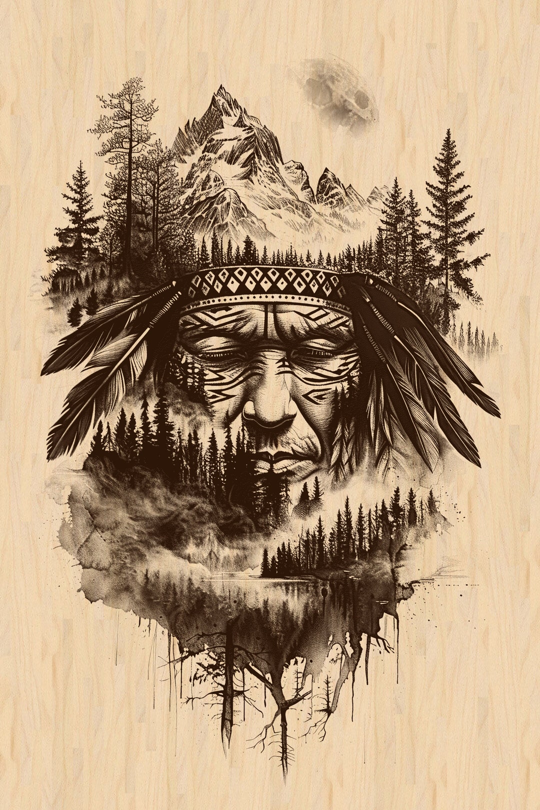 Tribal Chief Double Exposure Laser Engraving File: Mountain Forest ...