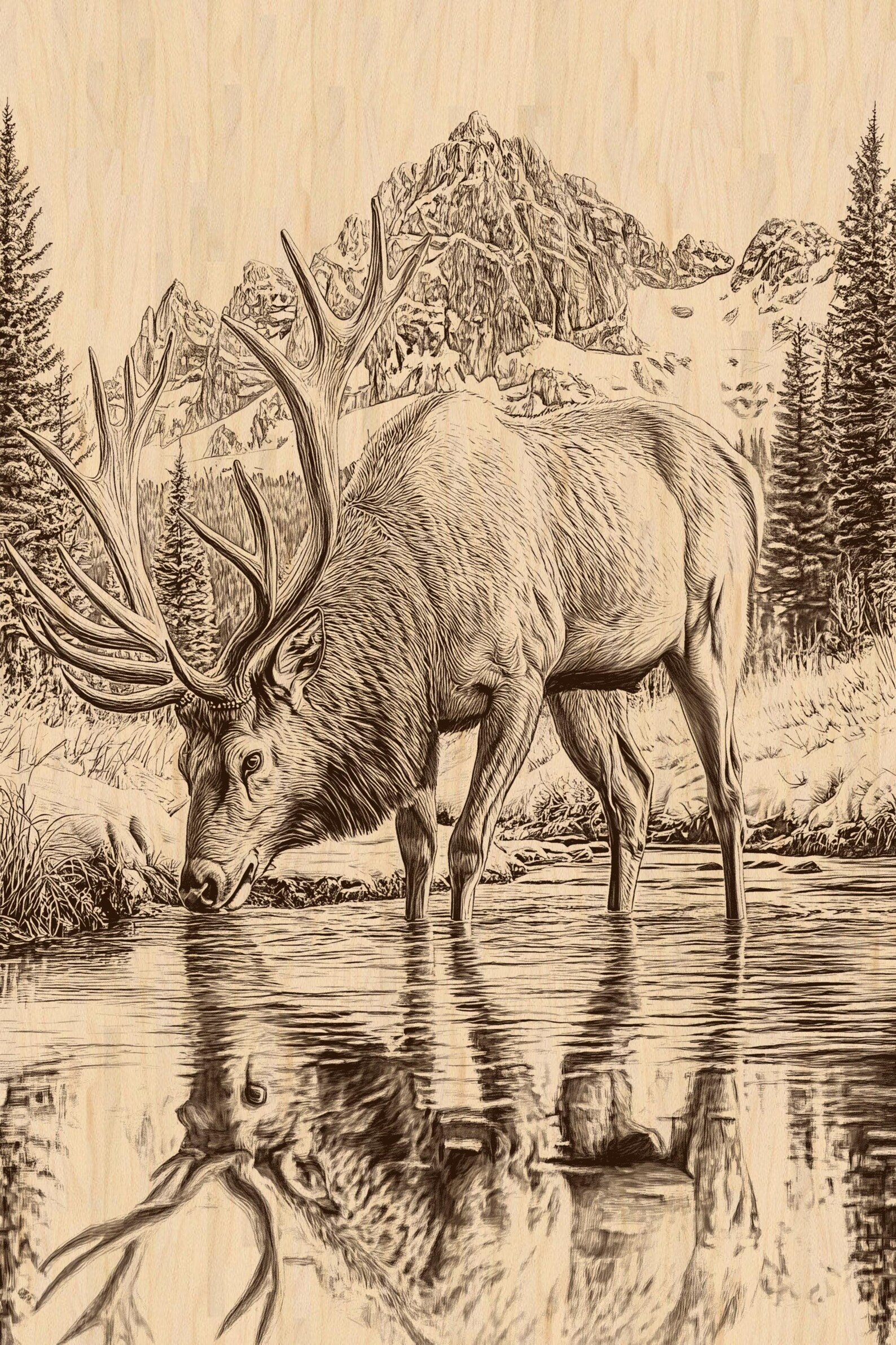 Elk Laser Engraving File, Ready to Engrave PNG & JPEG, Mountain River ...