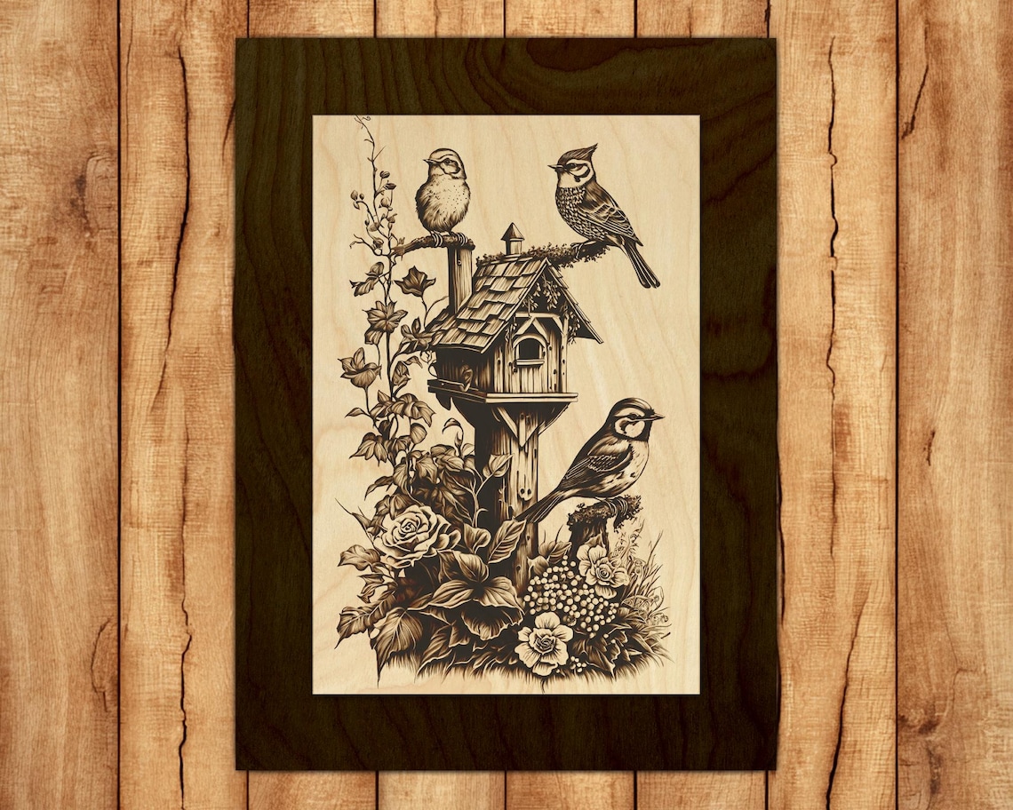 Birdhouse Laser Engraving File, Birds & Floral Nature Scene PNG, Garden ...