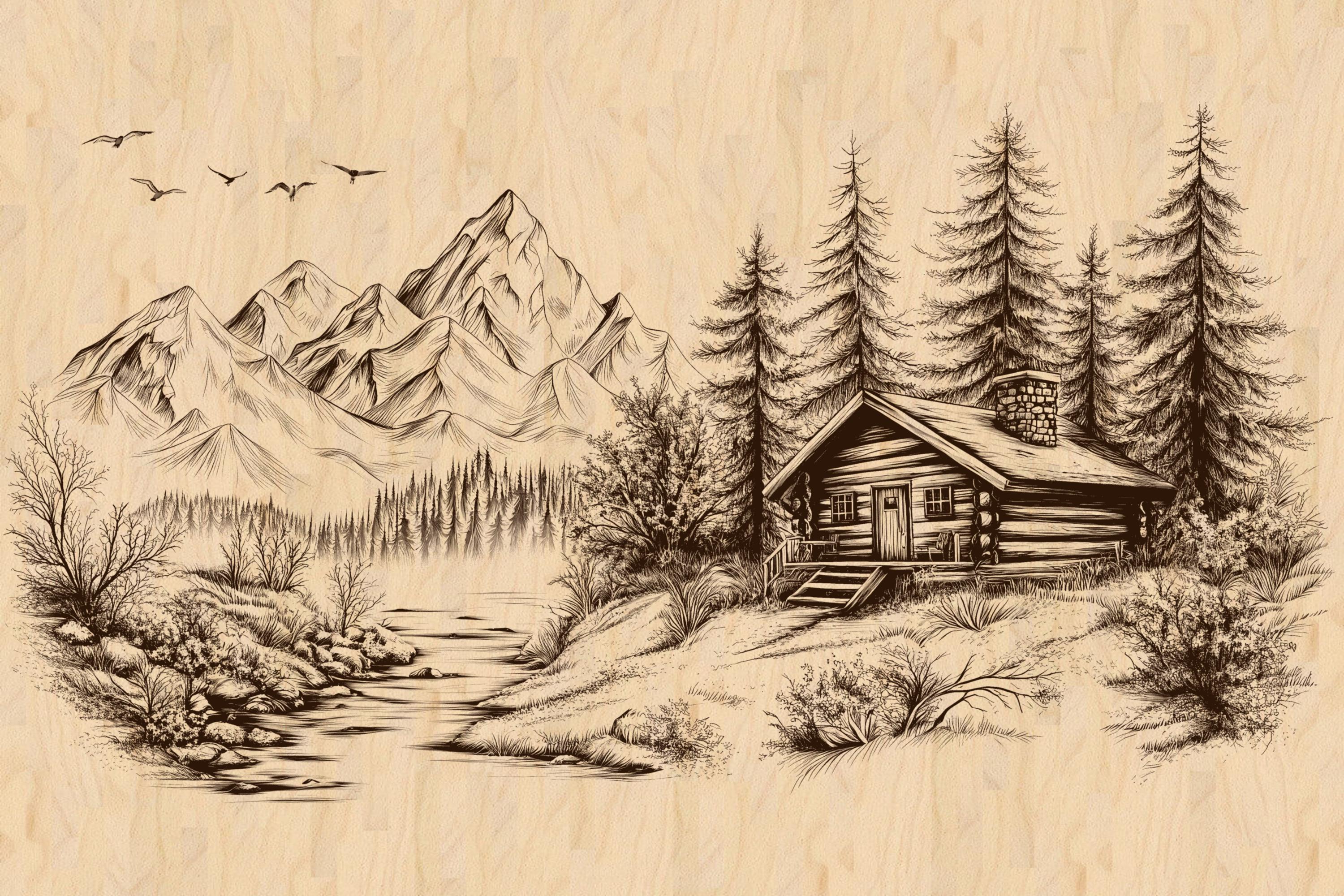 Rustic Cabin Mountain Landscape Laser Engraving Art (digital Download ...