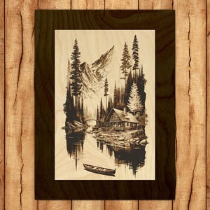 Laser Engraved Mountain Cabin and Canoe Scene (digital Download) - Etsy