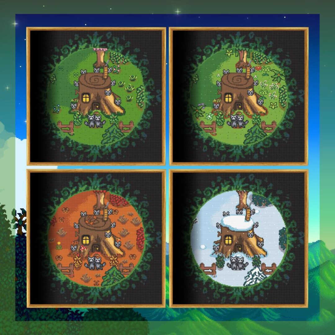 Stardew Valley Raccoon Family on Giant Stump Cross Stitch Pattern ...