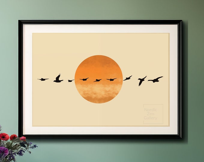 Horizontal Japanese Wall Art Poster, Flock of Birds Japanese Sun Art ...