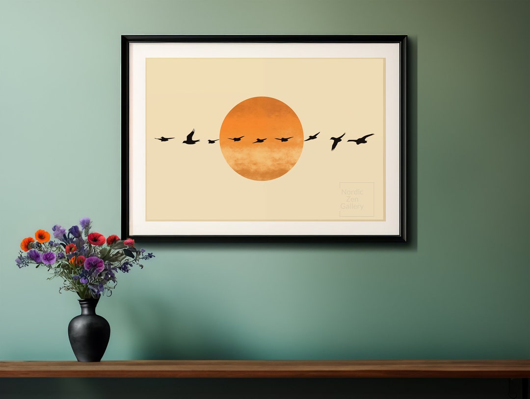 Horizontal Japanese Printable Wall Art | Flock of Birds Japan Sun Art ...